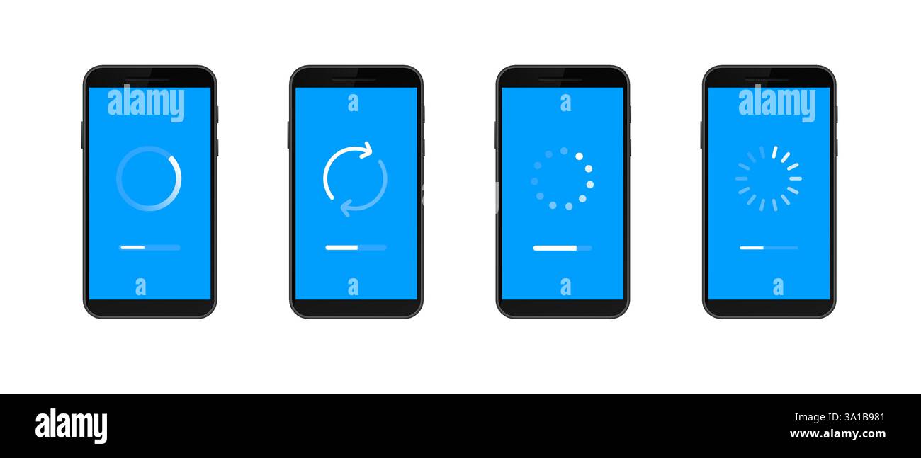 Four smartphones show different loading screens with blue background ...