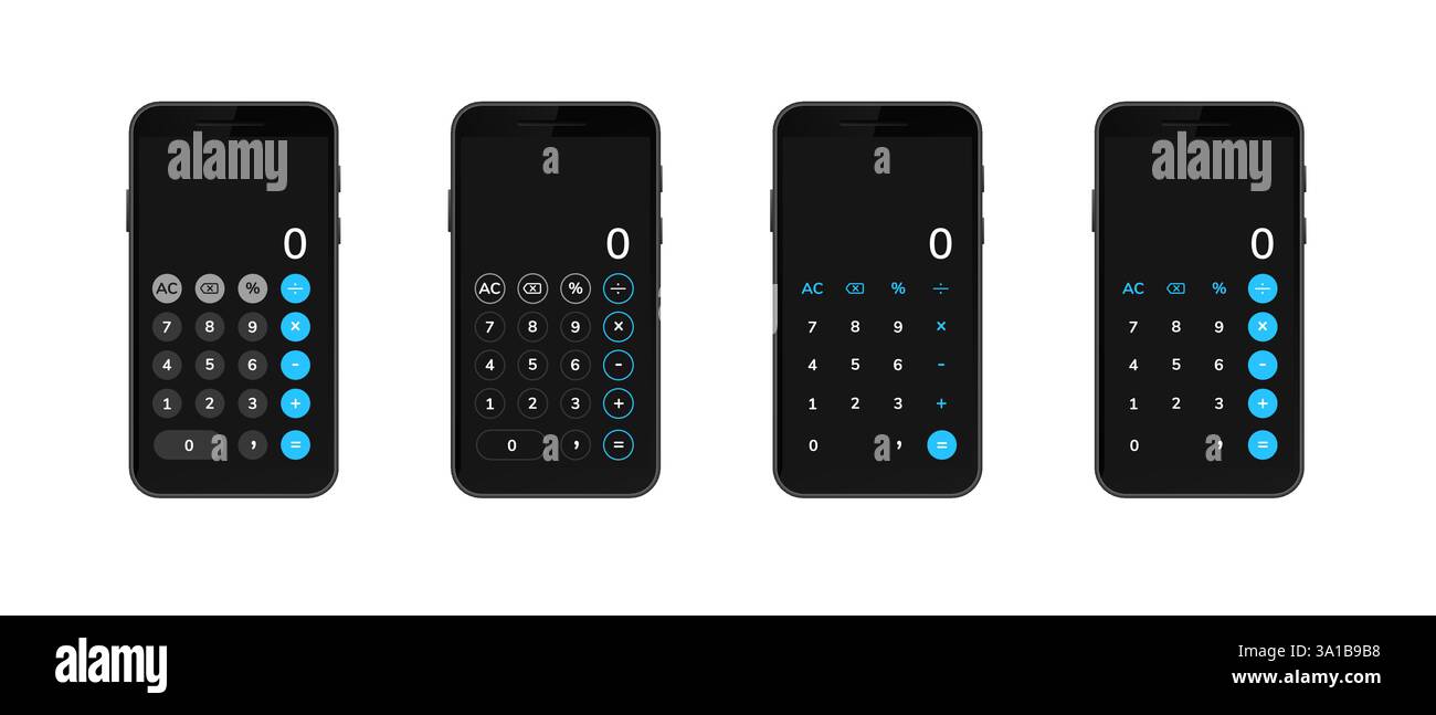 Four different styles of smartphone calculators with bold blue and white design elements Stock ...