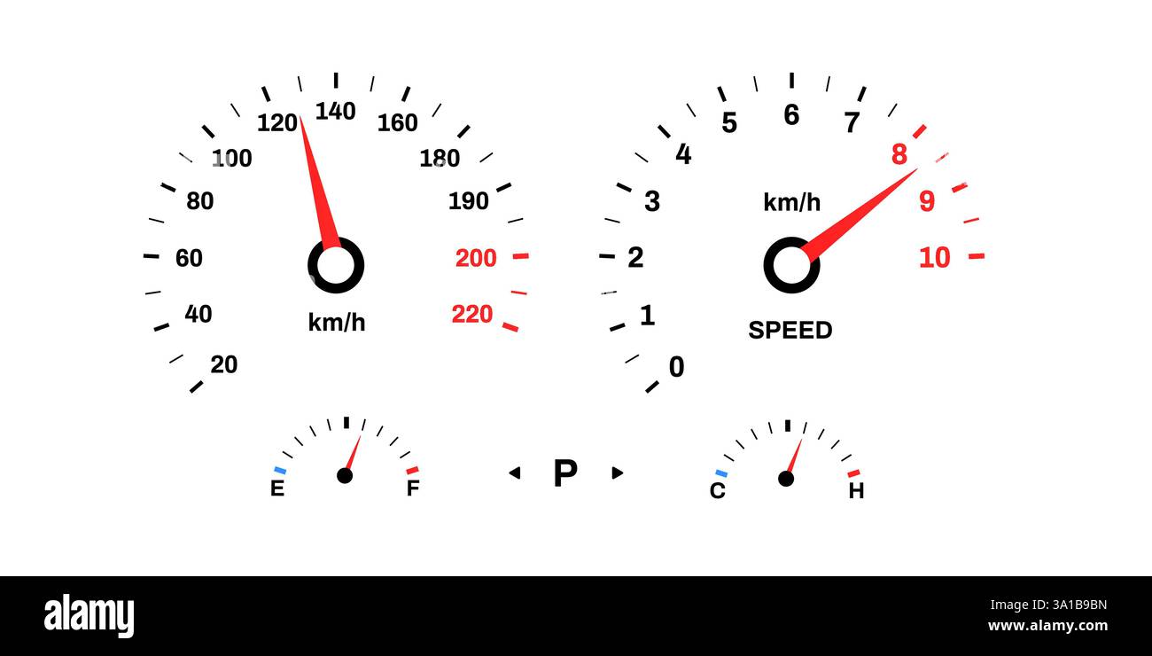 Speedometer and fuel gauge display indicating vehicle speed and fuel level monitoring Stock ...