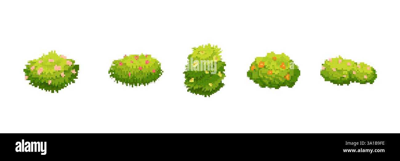 Pixel art bushes with flowers in five different green and textured ...