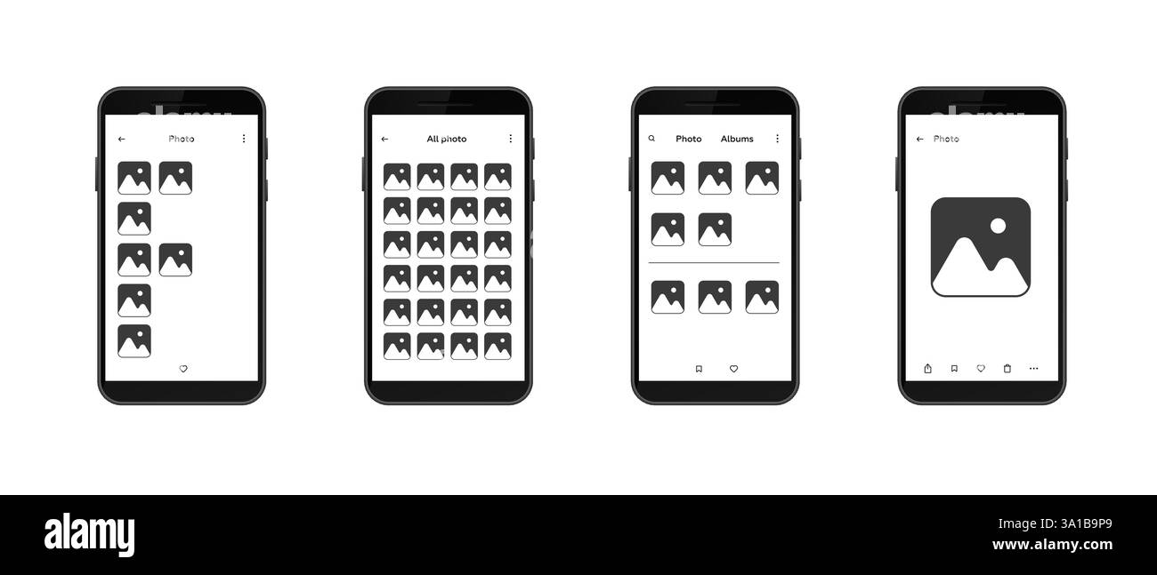 Mobile interface displaying different photo gallery layouts on smartphone screens Stock Vector ...