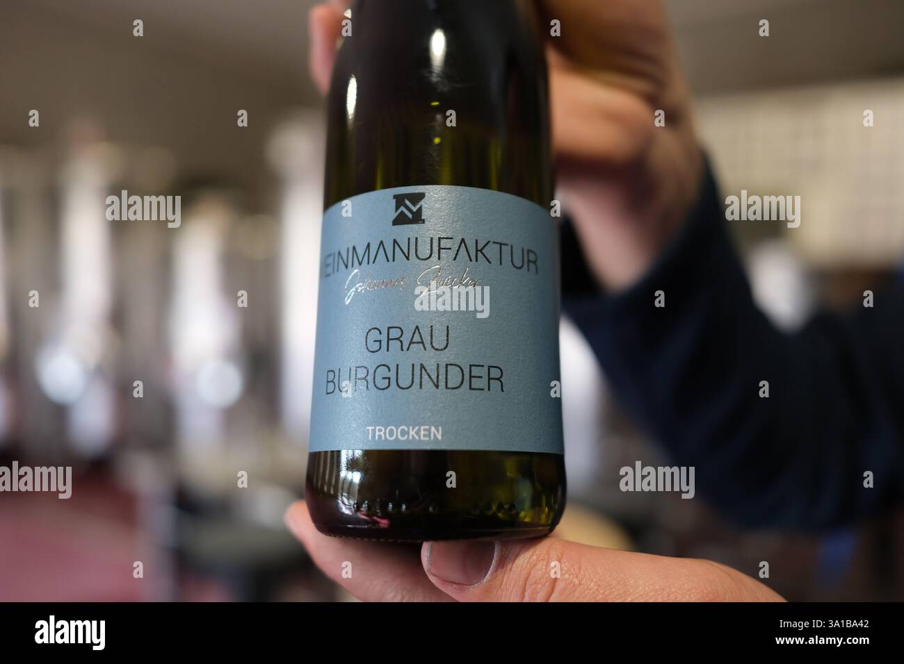 Jessen, Germany. 07th Mar, 2025. A bottle of Pinot Gris from winegrower ...