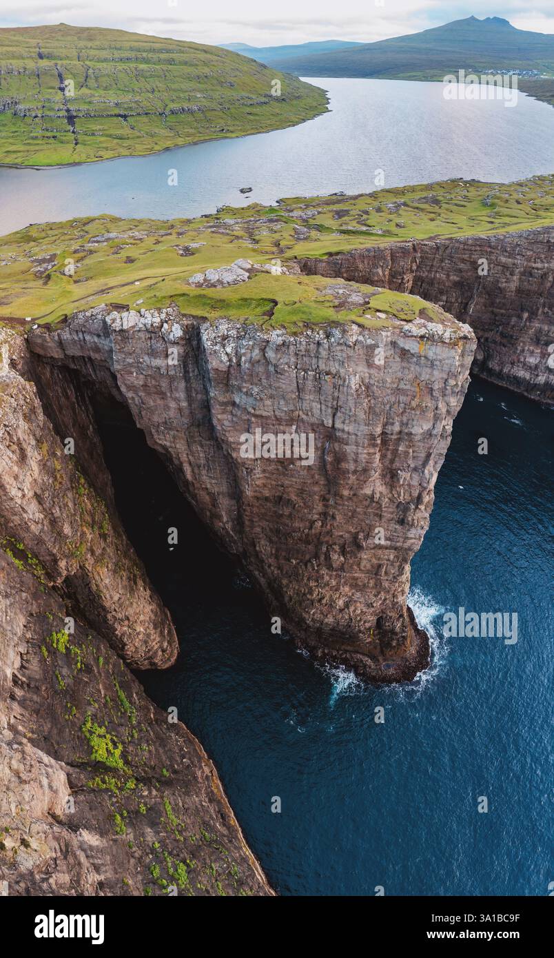 Aerial Panorama of the Stunning Faroe Islands Cliffs at Summers End ...