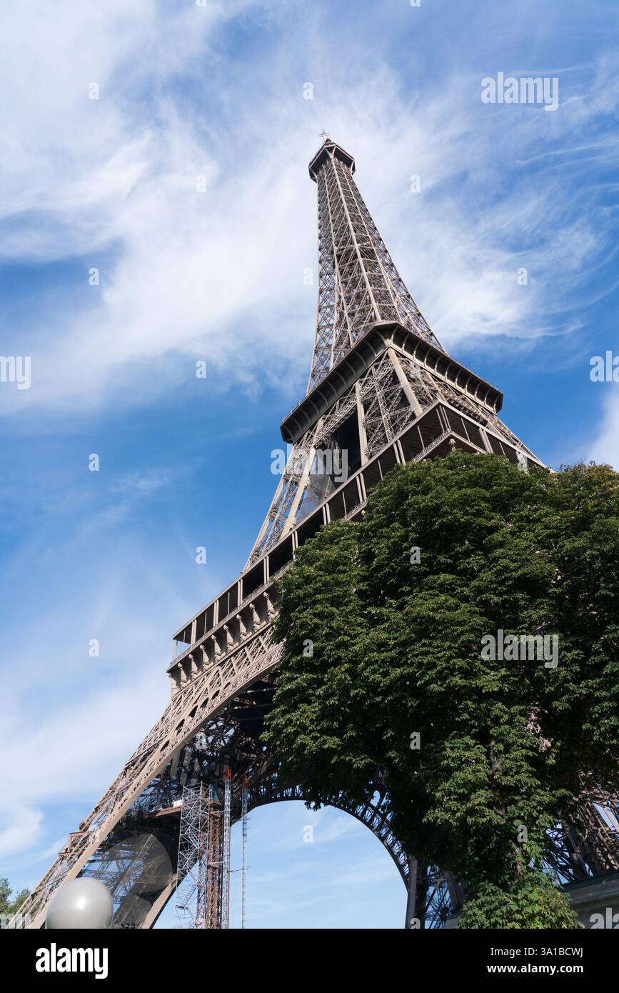 Eiffel Tower, Paris, France. Maintenance scaffolding visible. Sunny day ...