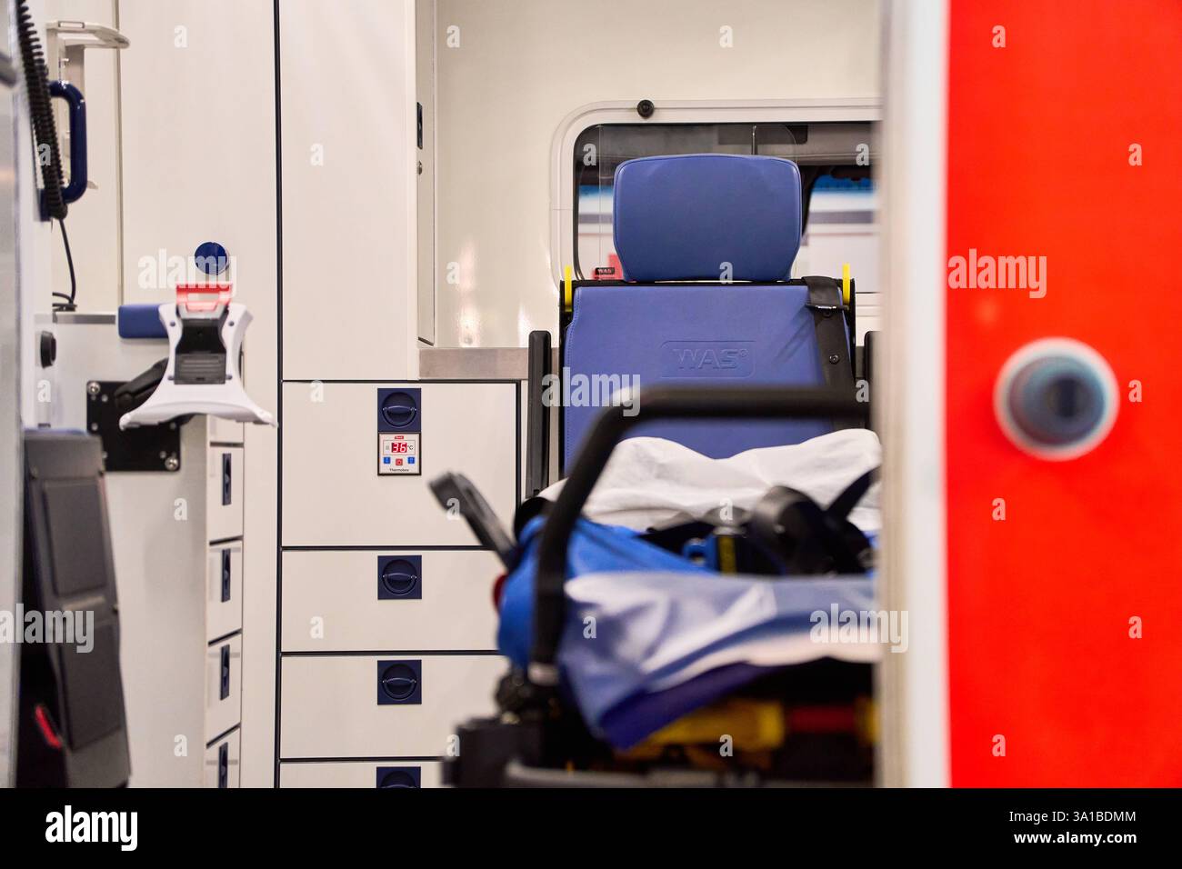Augsburg, Bavaria, Germany - March 7, 2025: A look inside a modern ambulance at the AFAIR trade ...