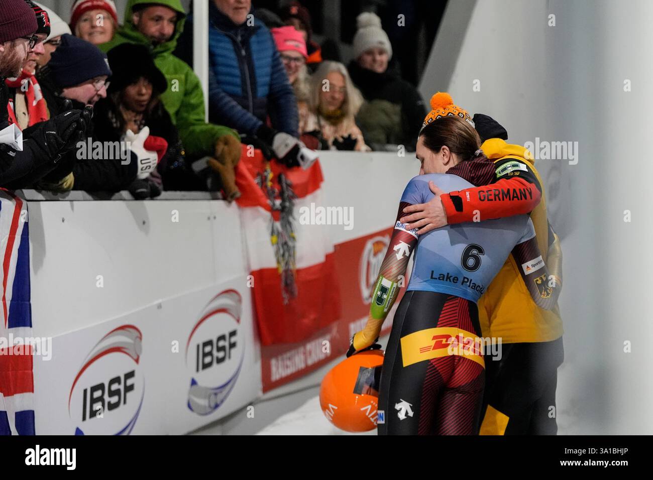 Jacqueline Pfeifer, of Germany, is embraced during fourth run at the ...