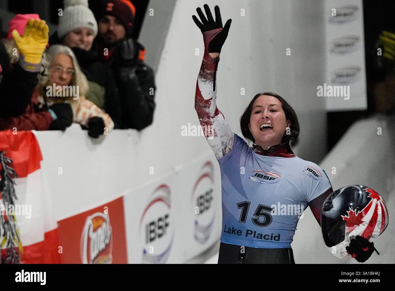 Jane Channell, of Canada, waves to fans during fourth run at the ...