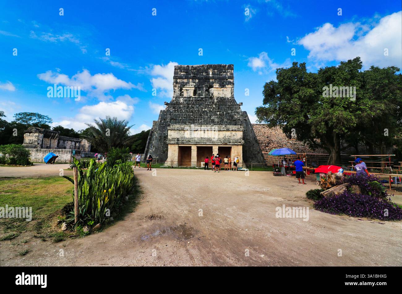 Tourists at the Temple of Jaguars near the Great Ball Court in the ...