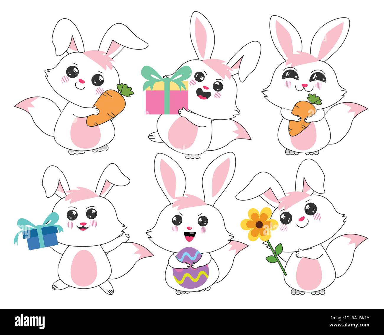 Easter bunny clipart drawing set. Cute pink rabbit cartoon character in ...