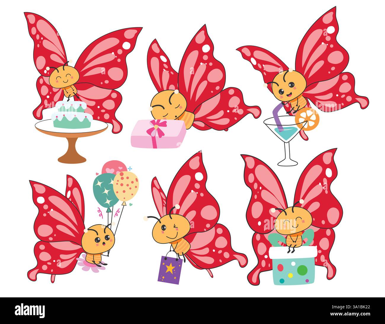 Butterfly 2d icon clipart drawing set. Red cute butterflies cartoon ...
