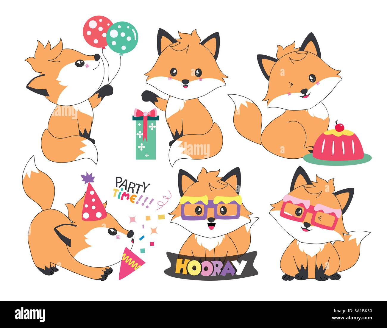 Fox character birthday clipart drawing set. Orange fox with birthday ...