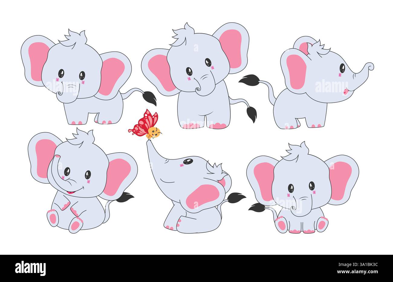 Elephant cartoon character clipart drawing set. Cute baby elephant ...