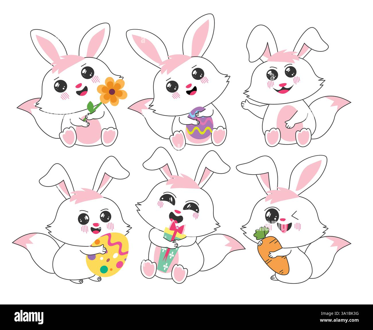 Easter bunny clipart drawing set. Cute pink rabbit clip art in happy ...
