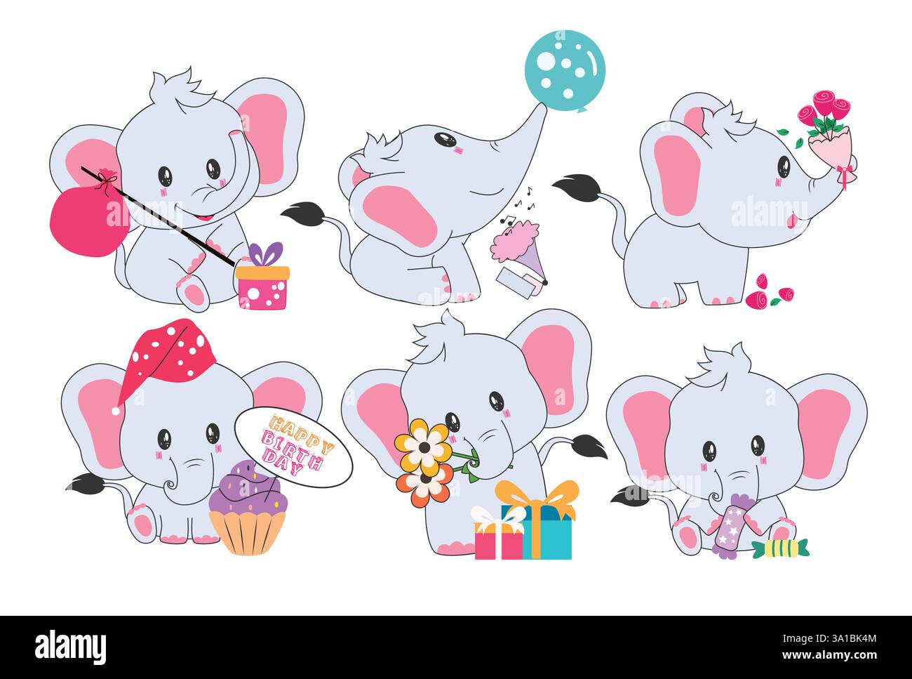 Elephant birthday party character clipart drawing set. Cute baby ...