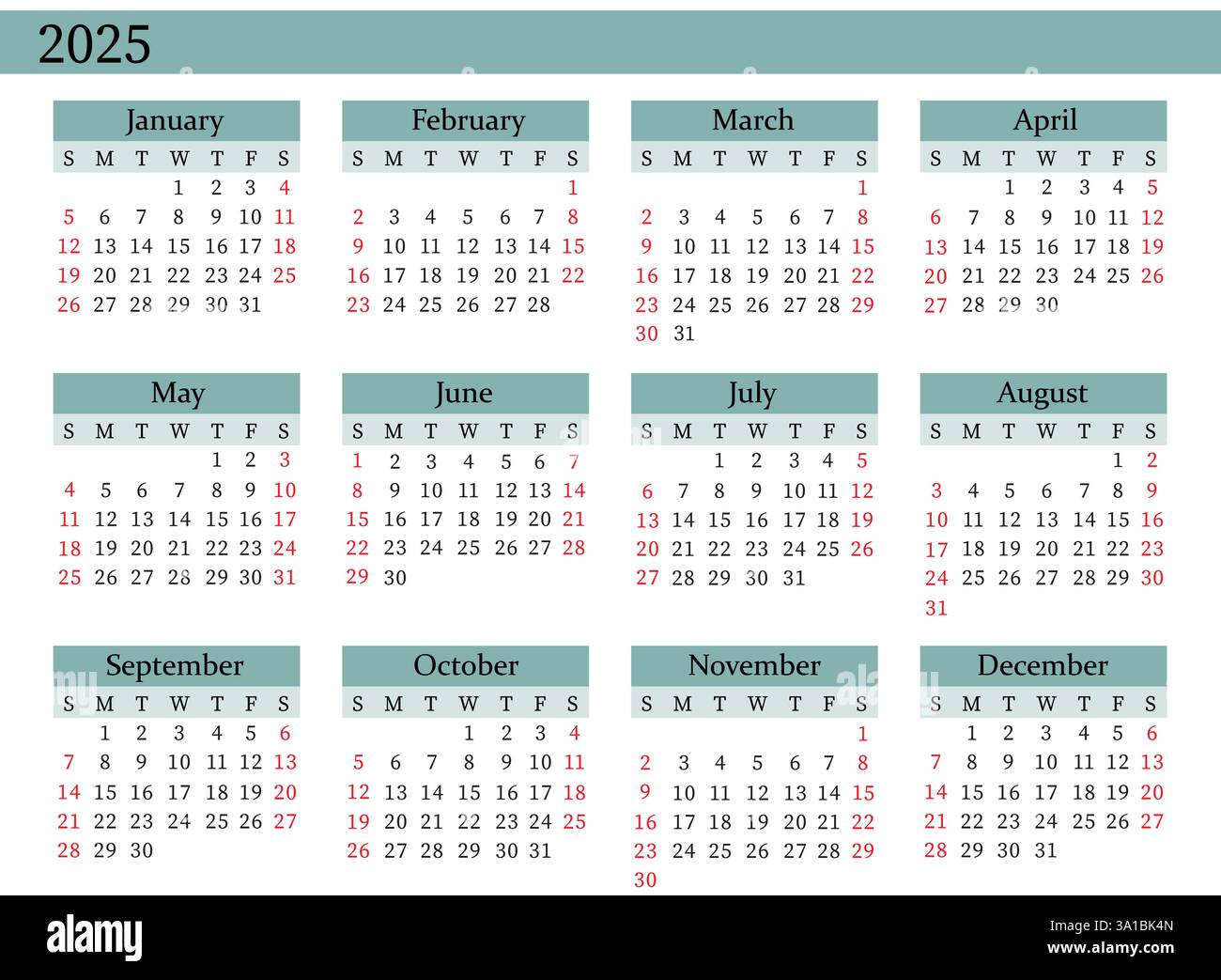 2025 Yearly Calendar Vector in Blue, Sunday Start, Clean Design ...