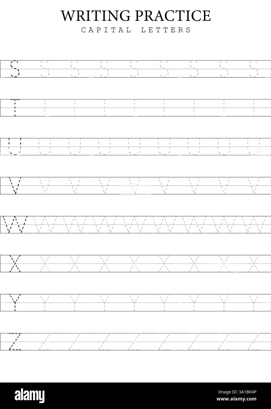 Capital Letters Tracing 3 S to Z Template for Kids, Simple Vector Alphabet Writing Practice ...