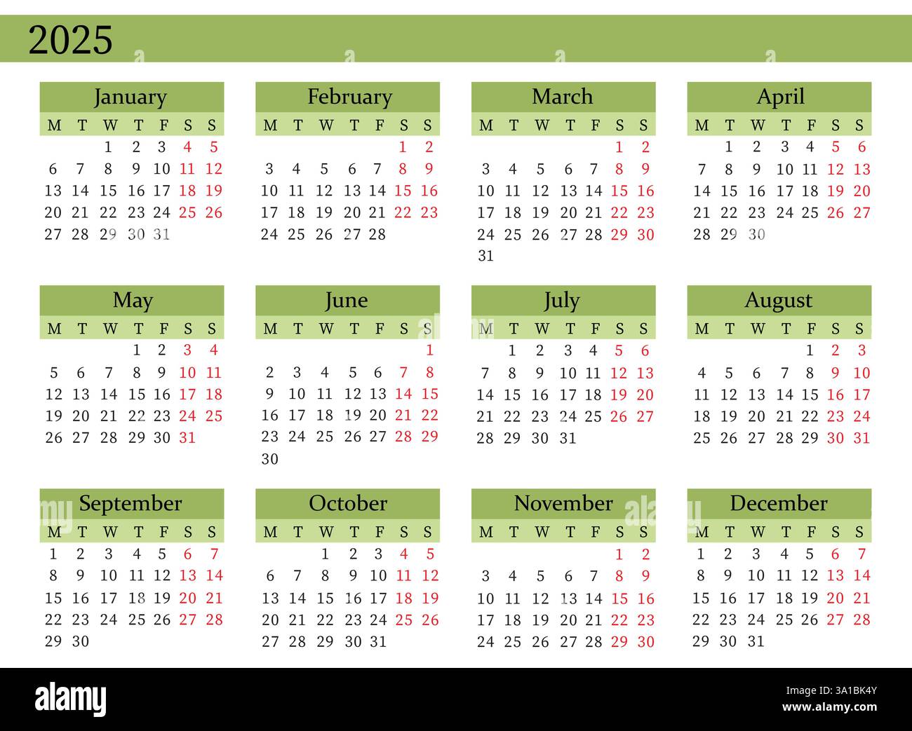 2025 Yearly Calendar Vector in Green, Monday Start, Clean Design ...