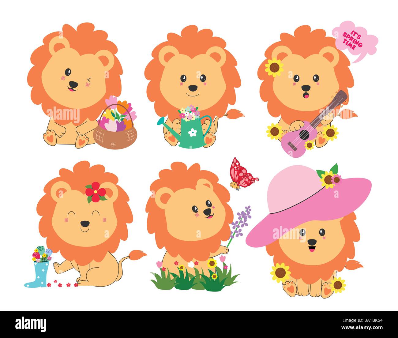 Lion spring time character clipart flat icon set. Cute orange lion ...