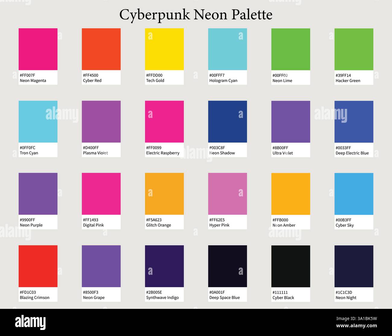 Color Palette 24 Colors of Cyberpunk Neon - Colorful Futuristic Glowing ...