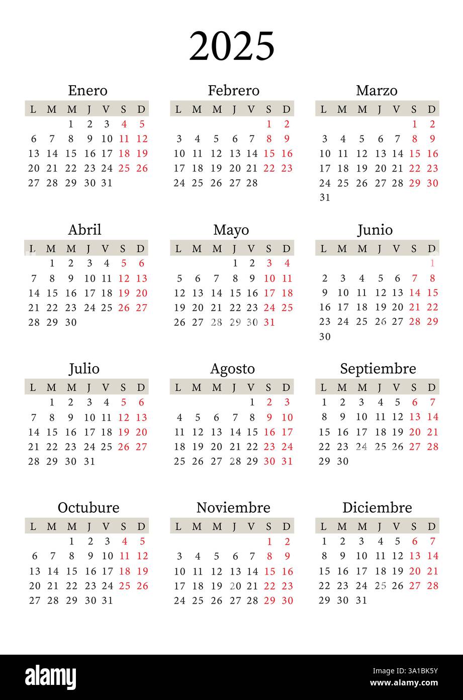 2025 Yearly Calendar Vector in Spanish Vertical, Monday Start, Clean ...