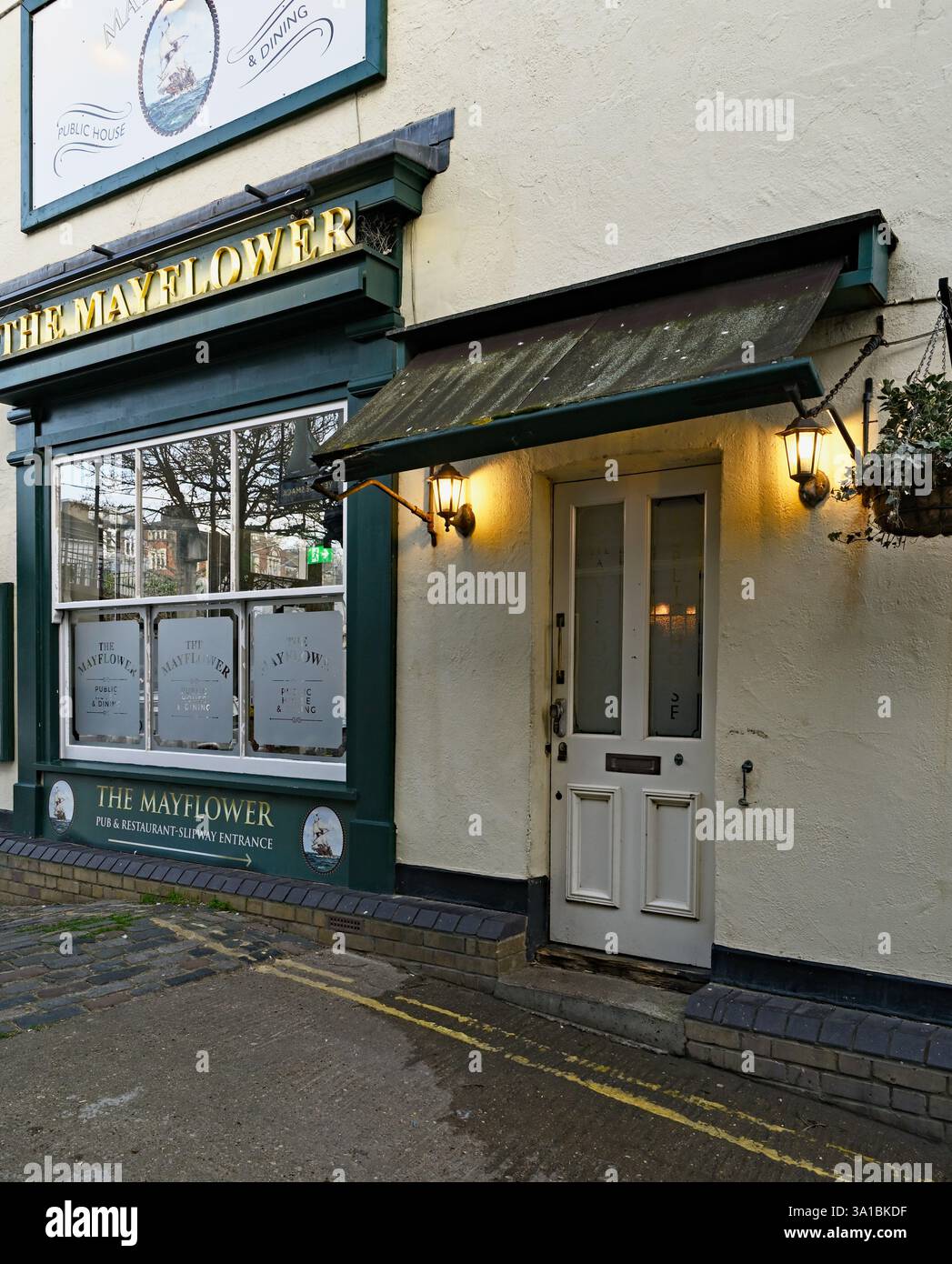 The side door to The Mayflower public house and restaurant as seen from ...