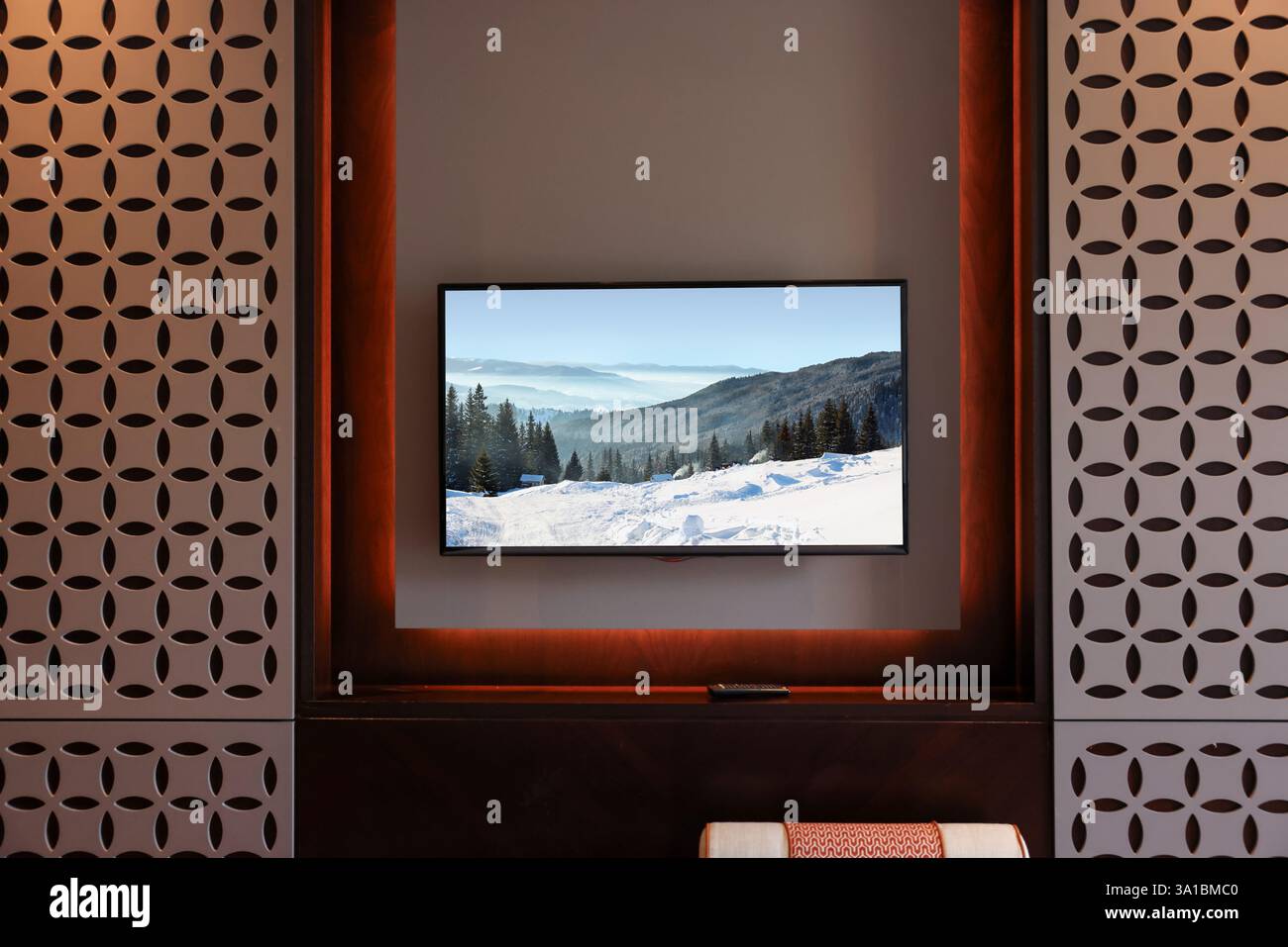 TV set with mountain landscape on screen in room Stock Photo - Alamy