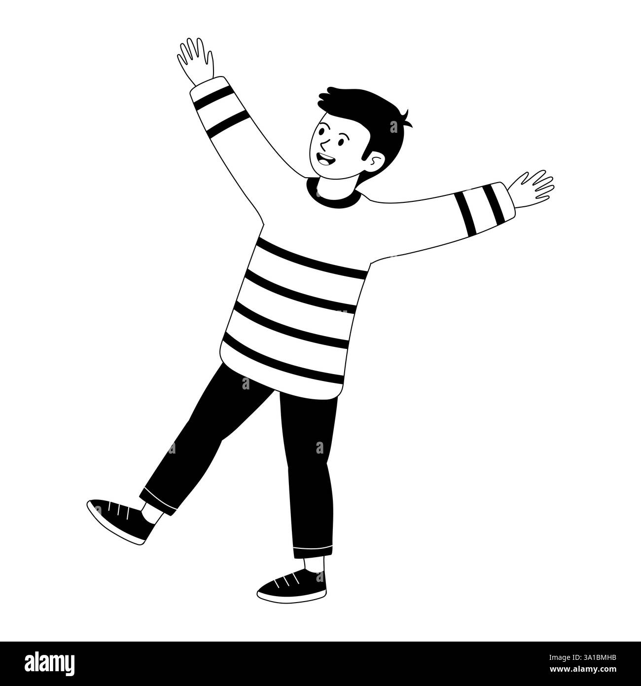 Happy boy in striped sweater joyfully balancing on one foot in casual ...