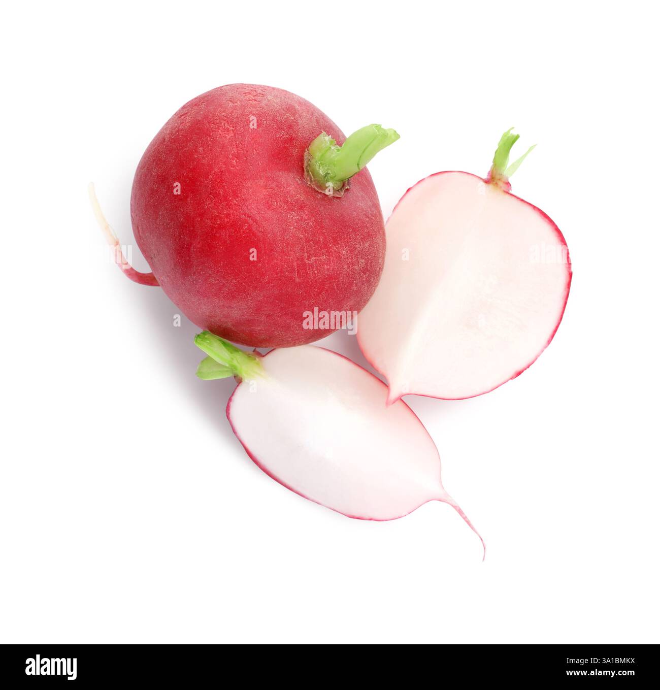 Whole and cut radishes isolated on white, top view Stock Photo - Alamy
