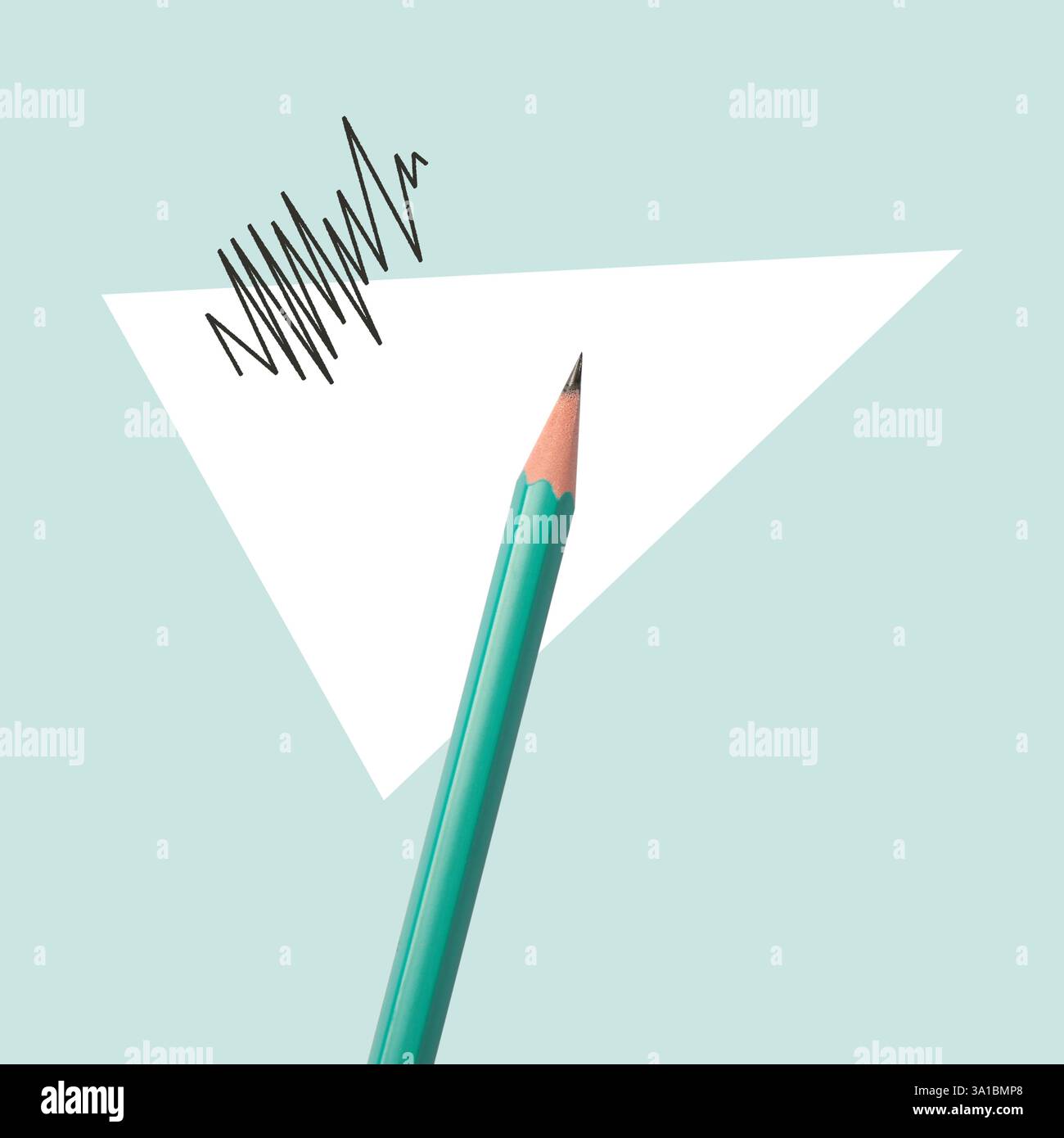 Creative poster. Pencil, drawn zig-zag line and white triangle on light ...