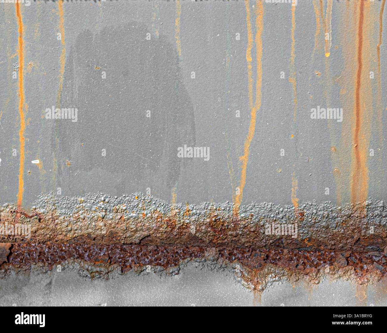 Gray metal with orange paint dripping down and a horizontal line of ...