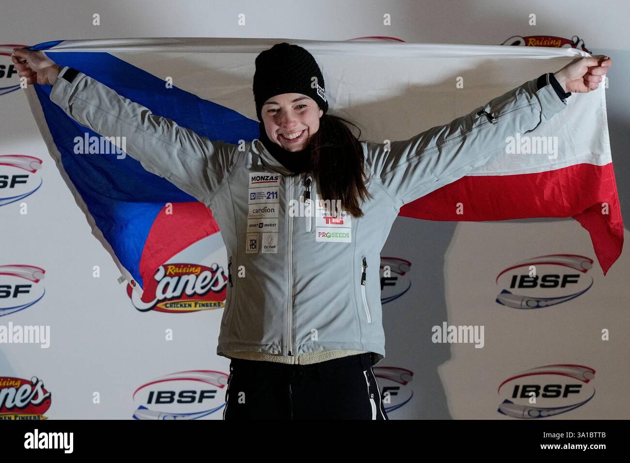 Third place finisher Anna Fernstaedt, of The Czech Republic, poses for ...