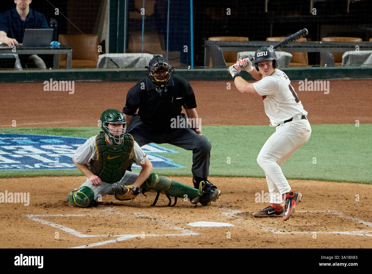 Oregon State Beavers Wilson Weber (18) at bat in front of catcher ...