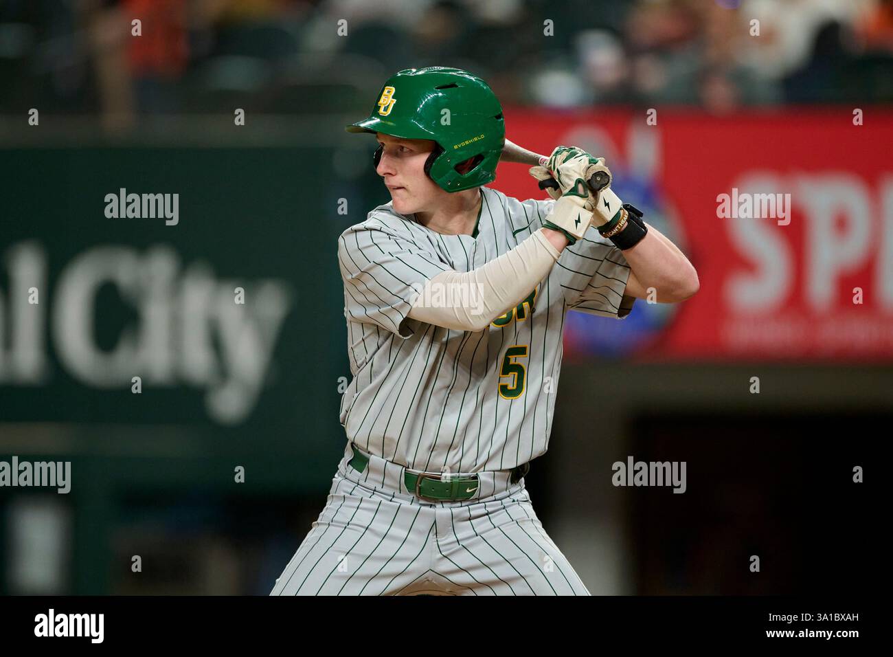 Baylor Bears Pearson Riebock (5) at bat during an NCAA baseball game ...