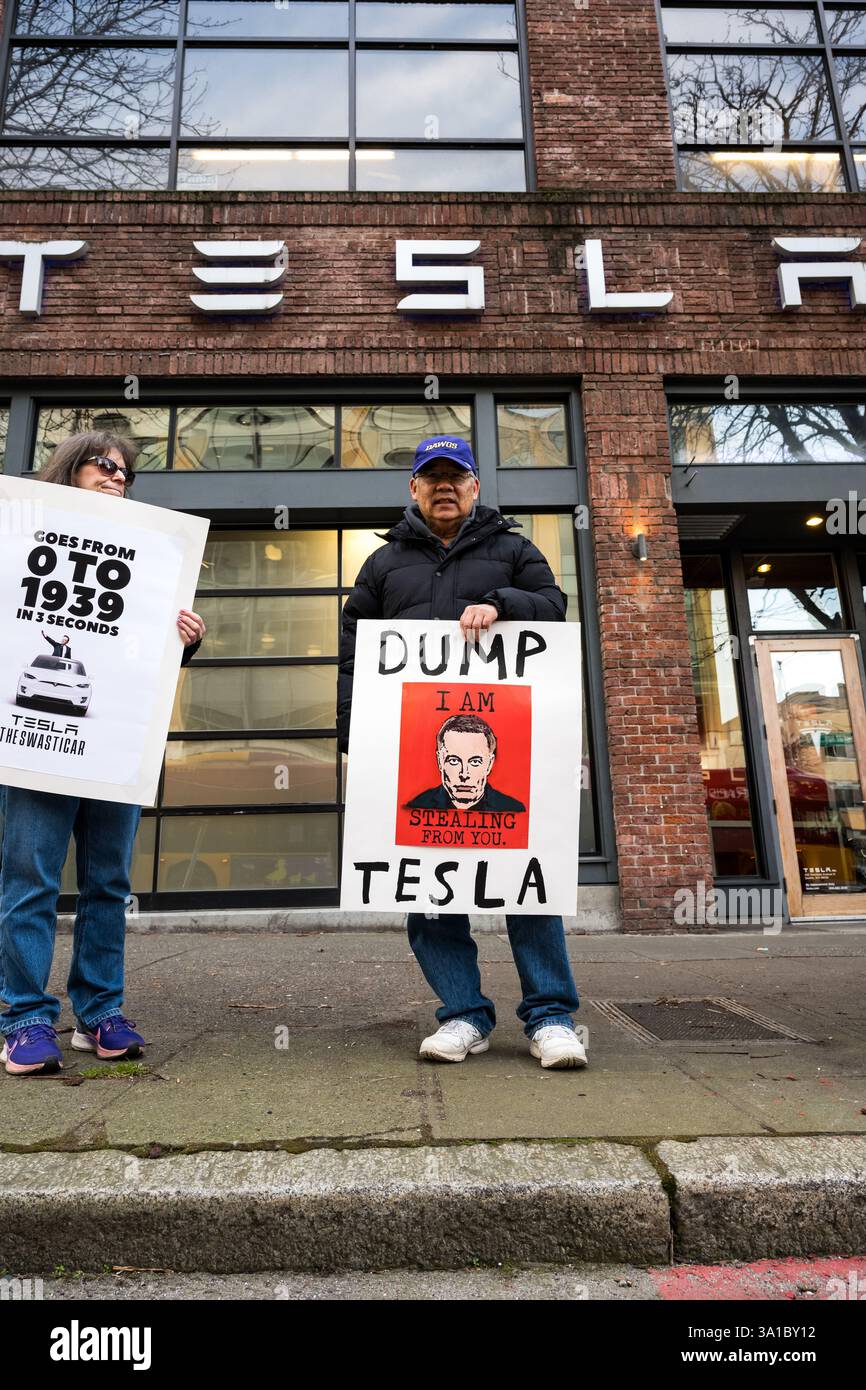 Seattle, USA. 7th Mar 2025. Activists gather at the South Lake Union ...