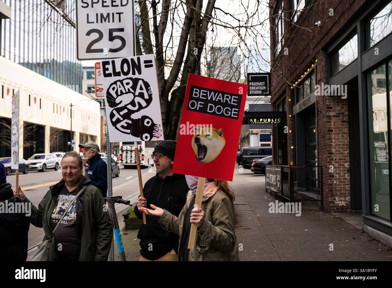 Seattle, USA. 7th Mar 2025. Activists gather at the South Lake Union ...