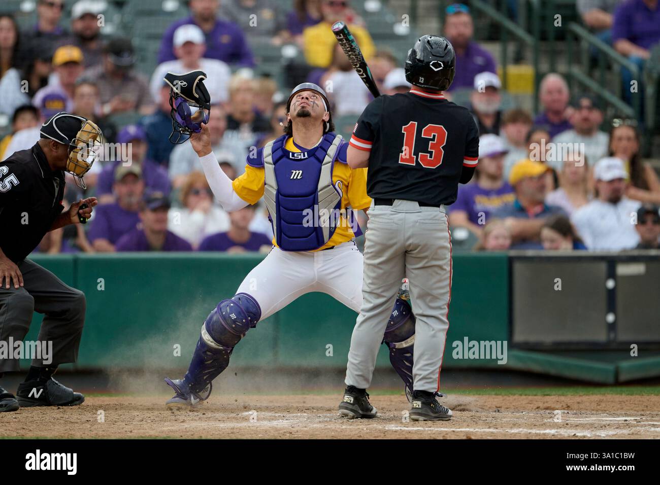 LSU Tigers catcher Luis Hernandez (23) looks for a wild pitch as Grant ...