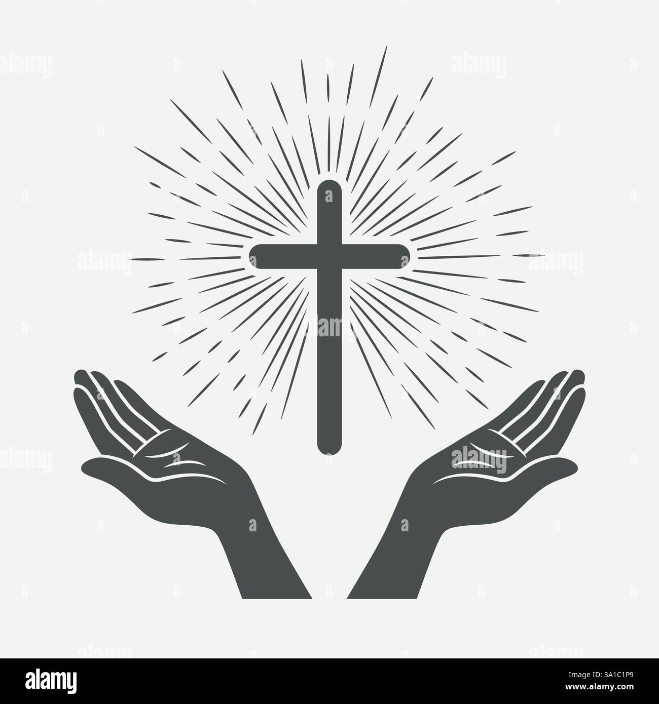 Black and White Open Hands with Cross and Divine Light, Symbol of Faith ...