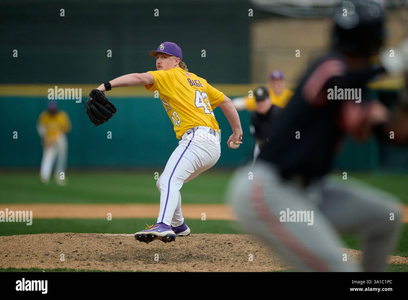 LSU Tigers pitcher Connor Benge (43) during an NCAA baseball game ...