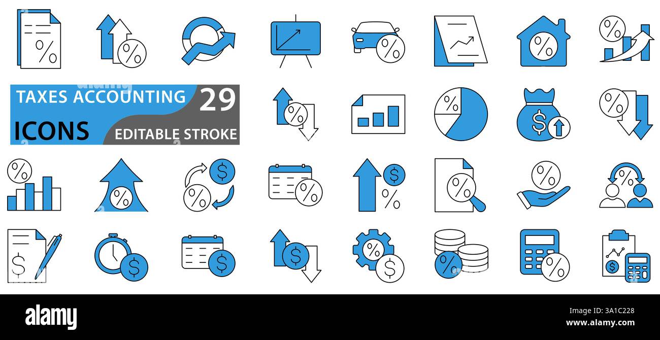 Taxes accounting icons collection. Big UI icon set in a flat design. outline icons pack. Vector ...