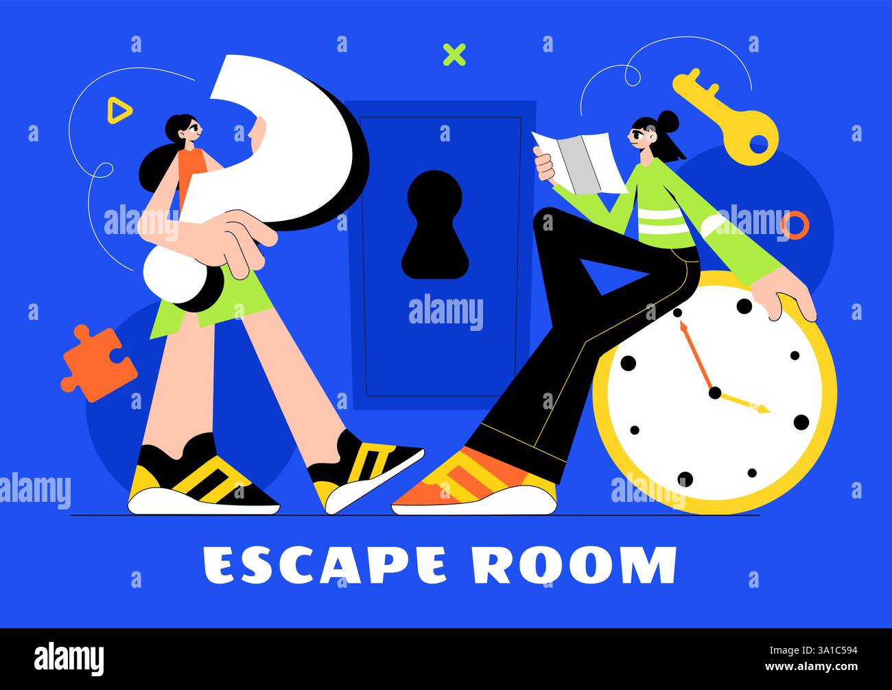 Escape Room Vector Illustration featuring People Solving Puzzles, Searching for Keys, Escaping ...