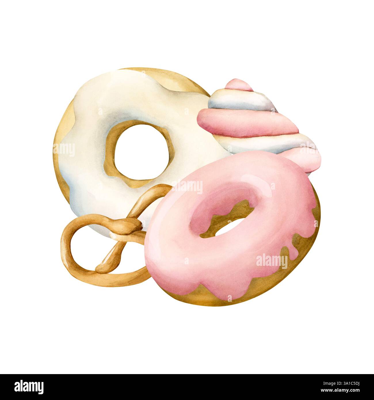 Cute donuts, marshmallow and pretzel. Watercolor hand painted food ...
