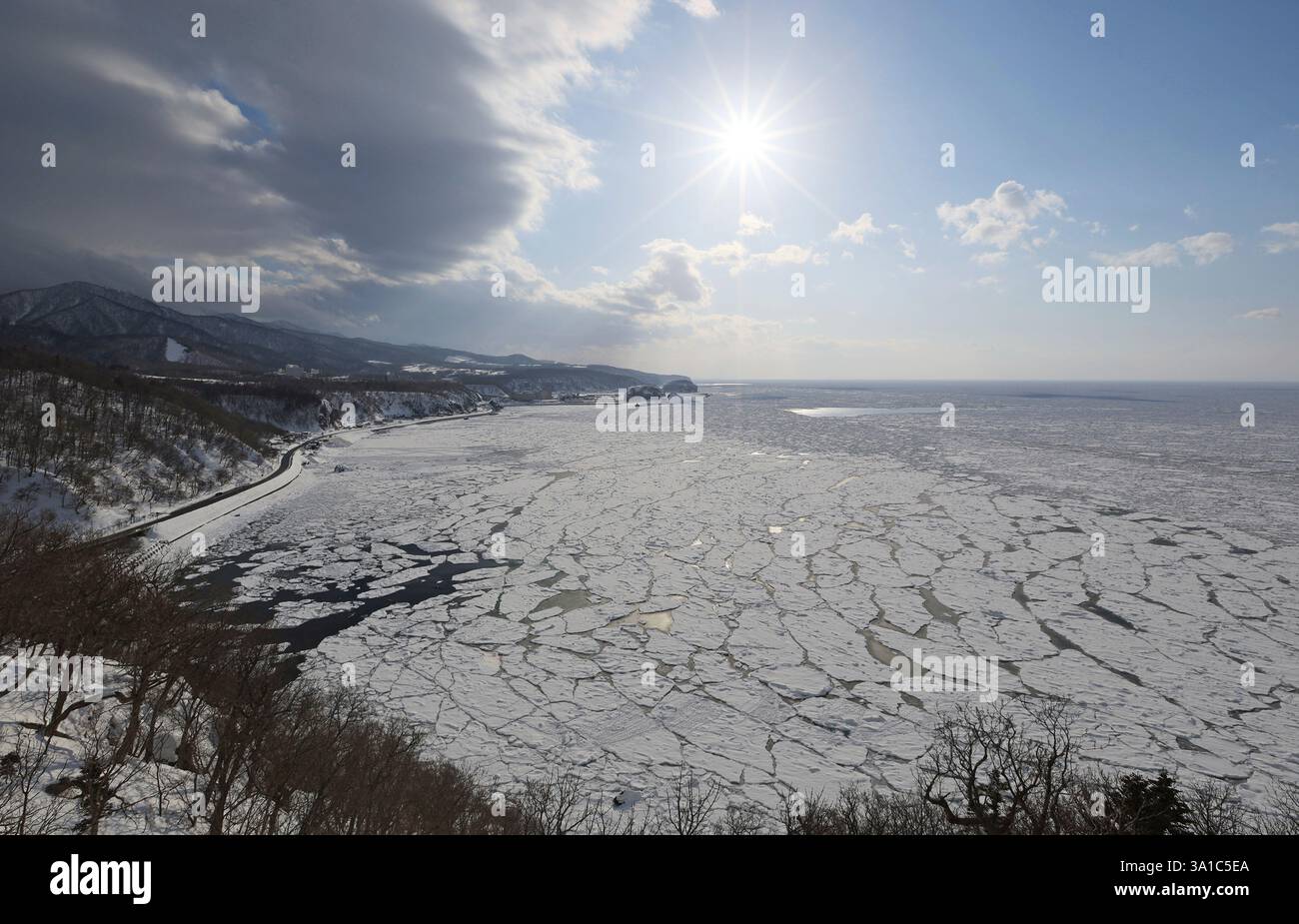 The photo shows drift ice reaching Shari Town, Hokkaido, Japan, on ...