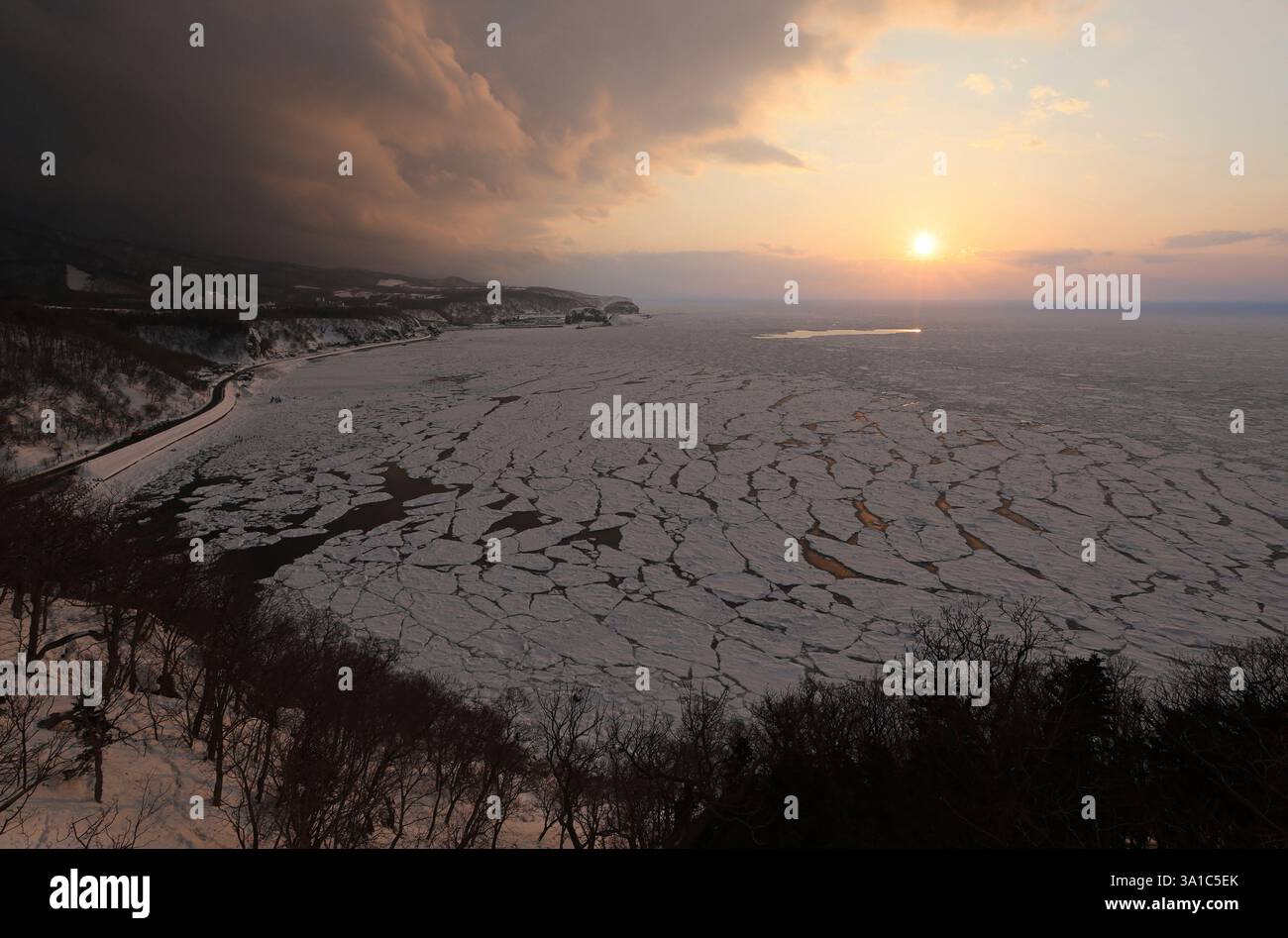 The photo shows drift ice reaching Shari Town, Hokkaido, Japan, on ...