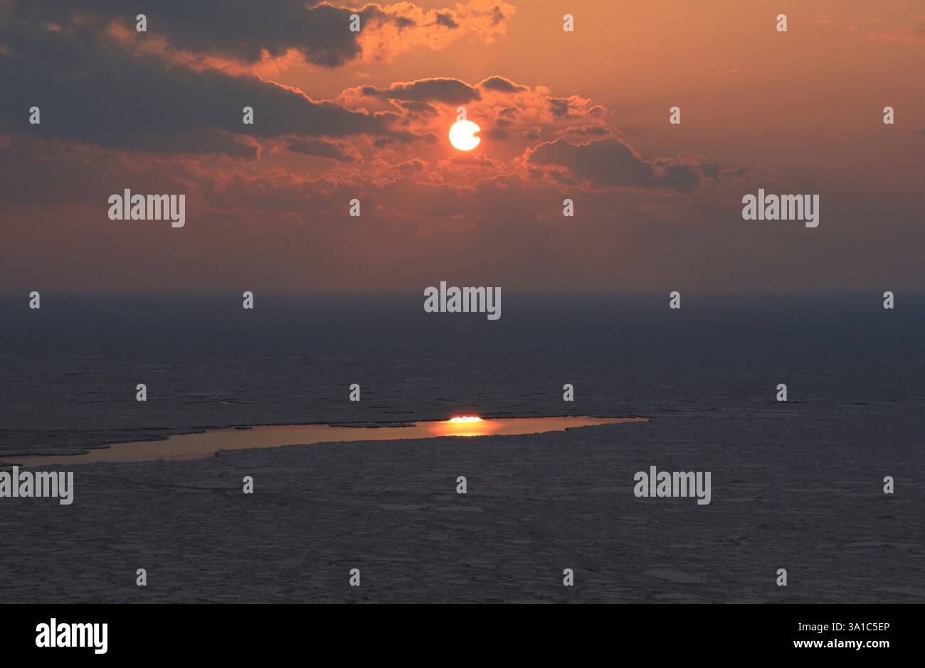 The photo shows drift ice reaching Shari Town, Hokkaido, Japan, on ...
