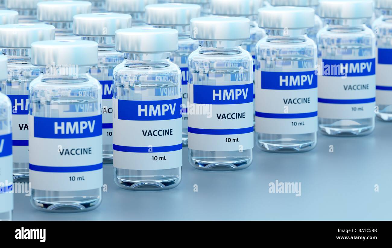 Conceptual illustration of human metapneumovirus (hMPV) vaccine vials. HMPV is a respiratory ...