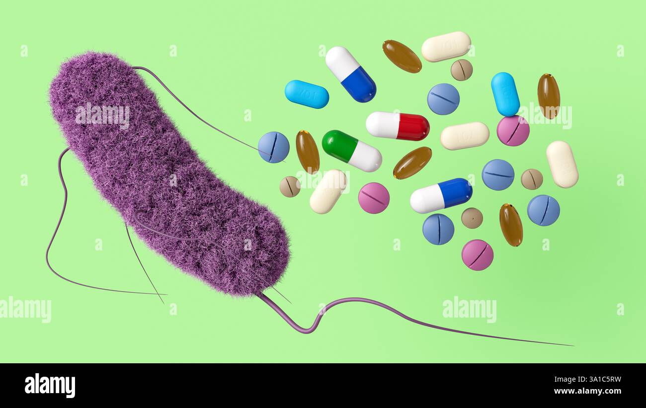 Conceptual illustration of a bacterium next to various types of drugs ...