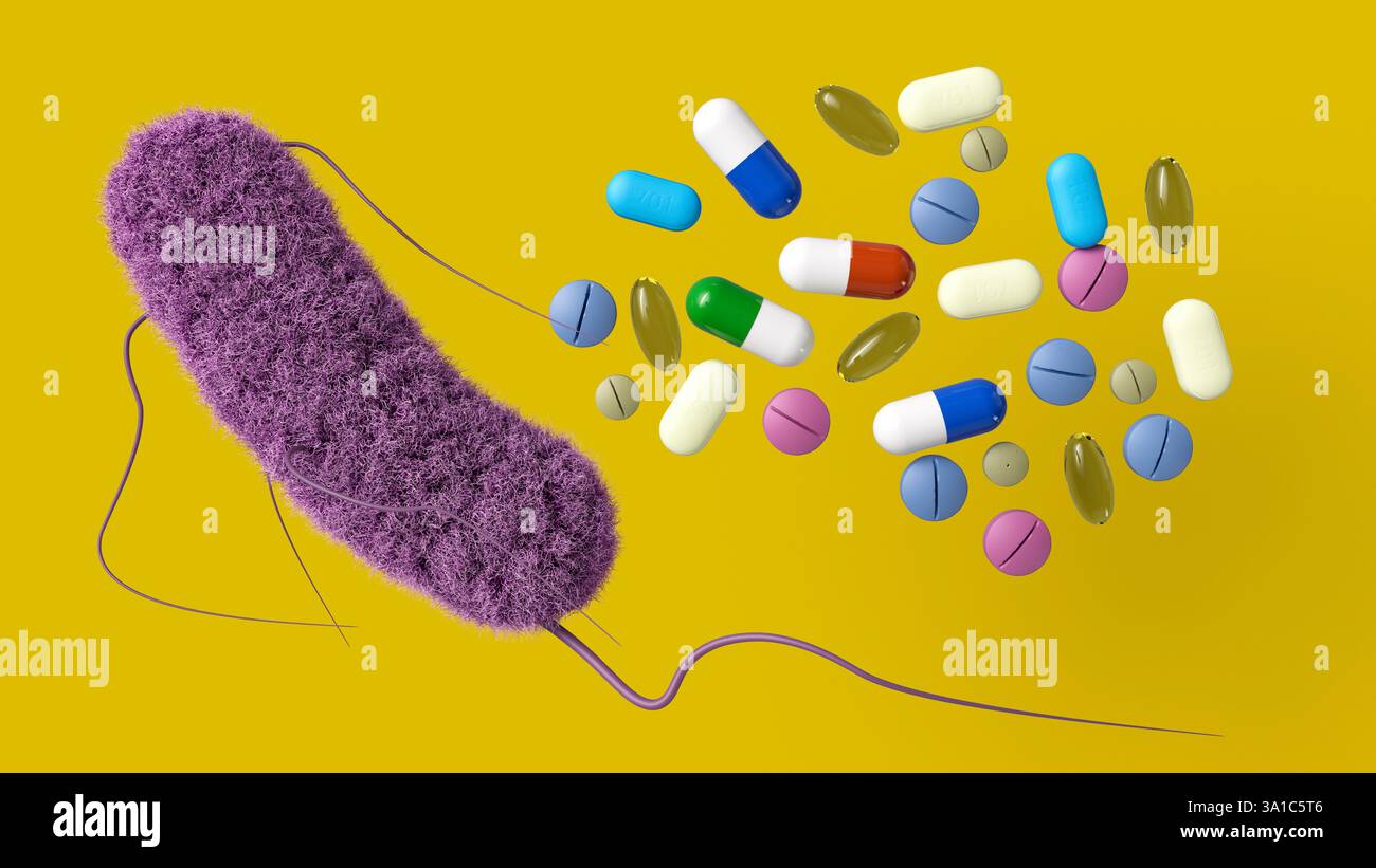 Conceptual illustration of a bacterium next to various types of drugs ...