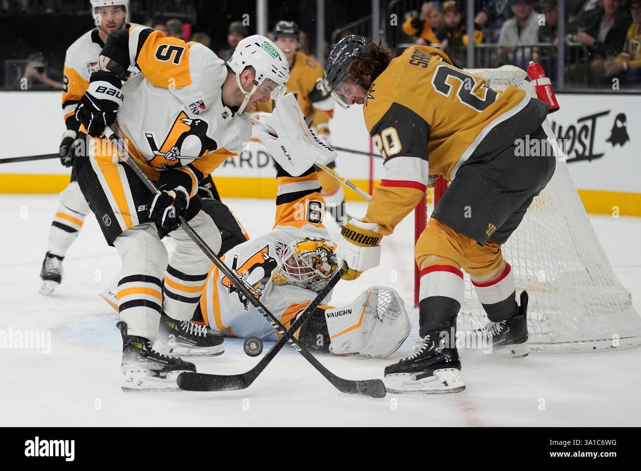 Pittsburgh Penguins defenseman Ryan Shea (5) and Vegas Golden Knights ...