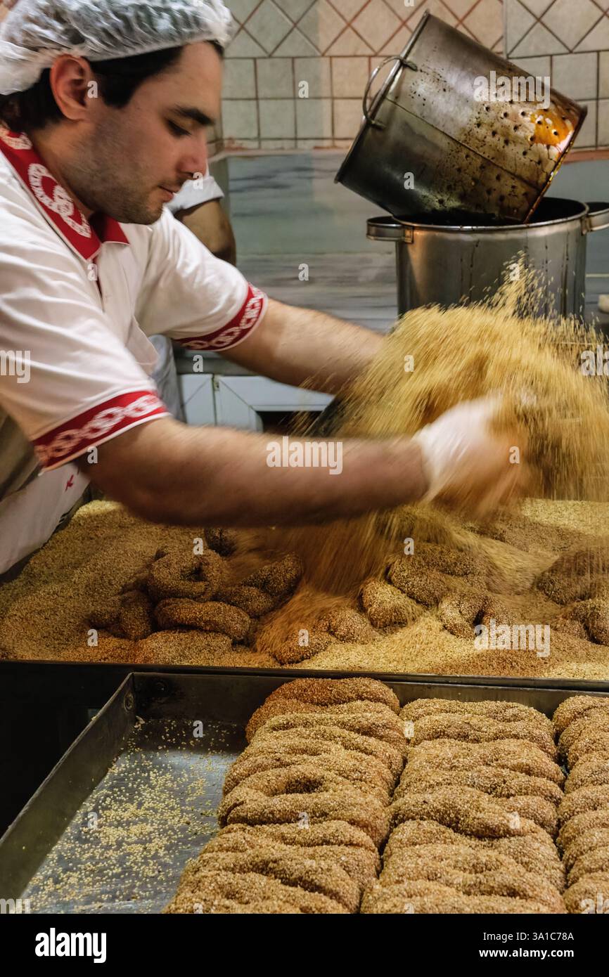 Istanbul, Turkey, Turkiye. Baker Covering Simit, Traditional Turkish ...