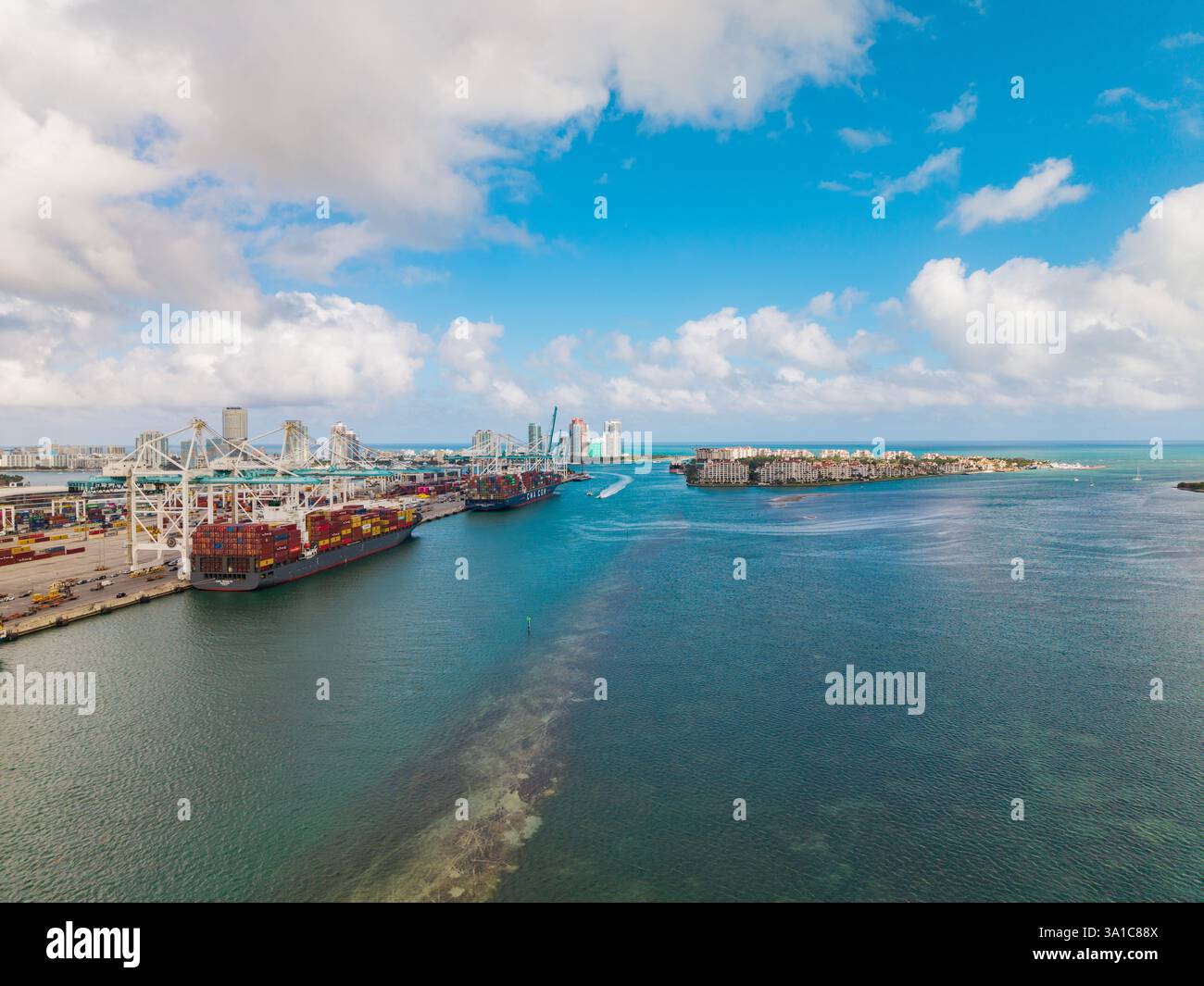 Miami, Florida - February 12, 2025: Cargo ship loaded with container in ...